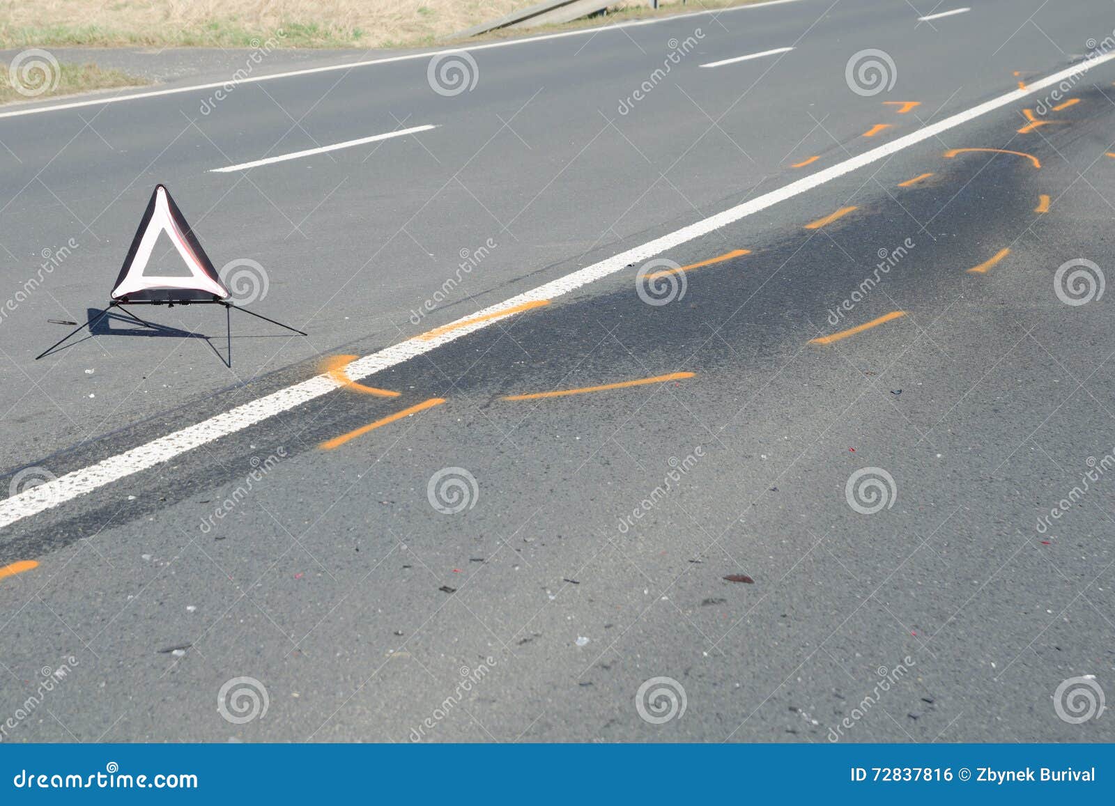 Warning Triangle on the Tarmac Road after the Car Crash Accident Stock ...