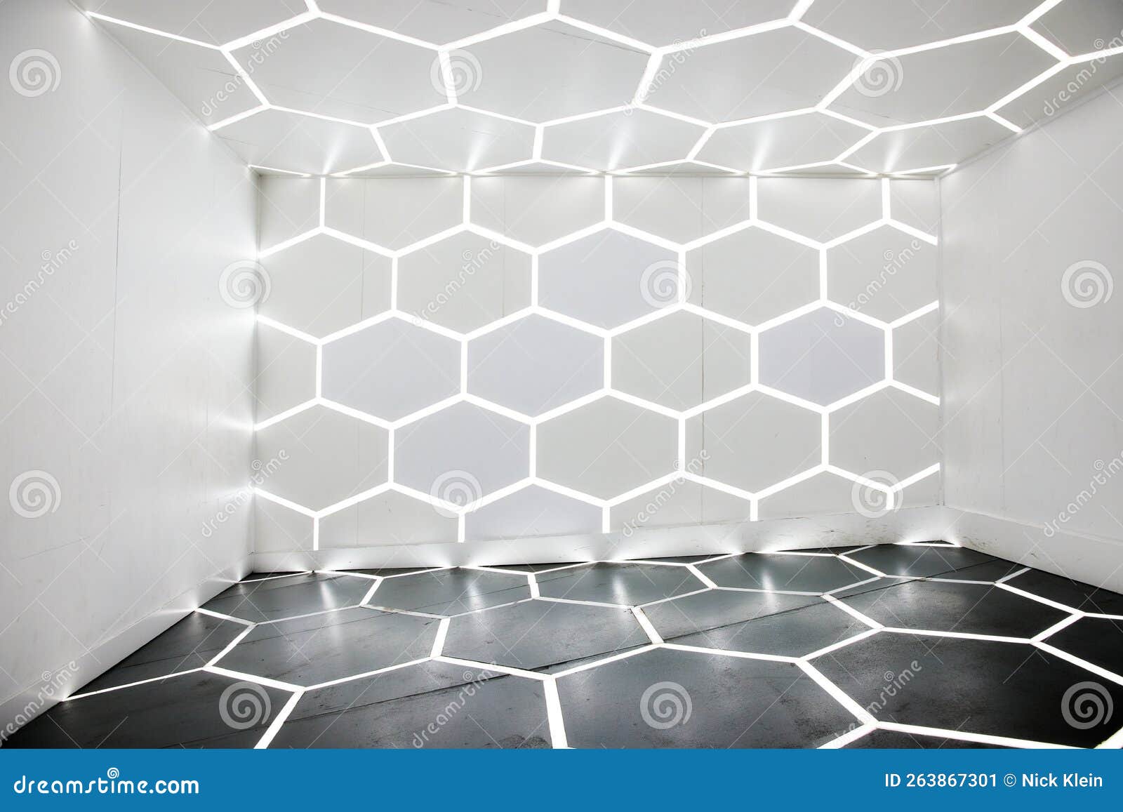 Warped Empty White Room with Octagon LED Lights Along Floor, Wall, and ...