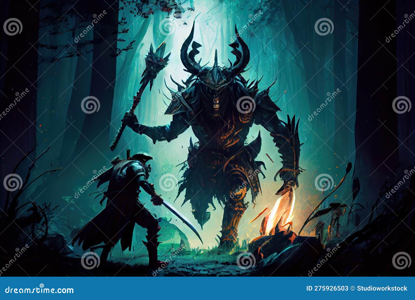 Warrior, Armed with Spear and Shield, Fights Off Menacing Monster in ...