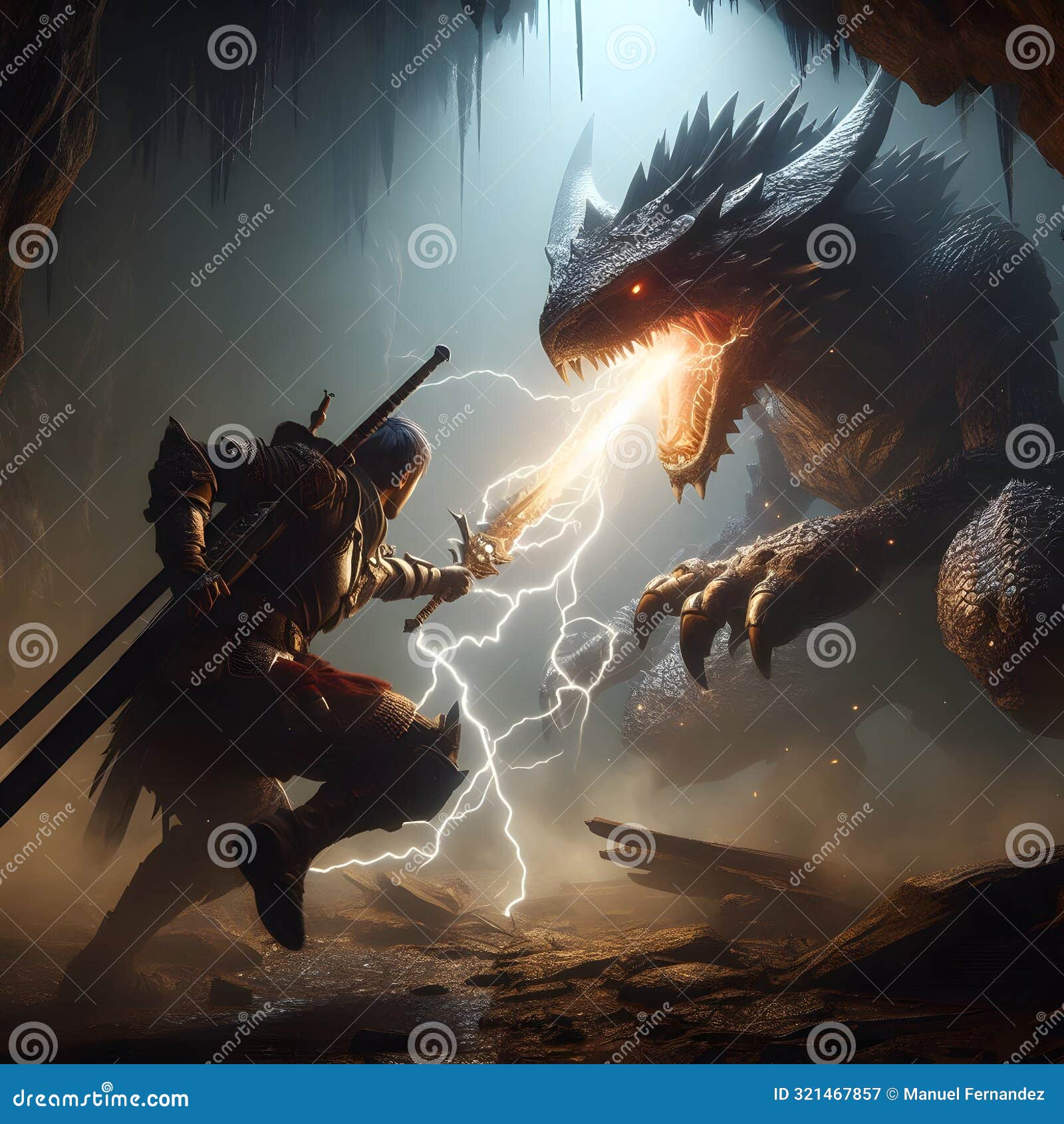 Warrior Confronts Lightning Dragon In Epic Showdown Stock Image ...