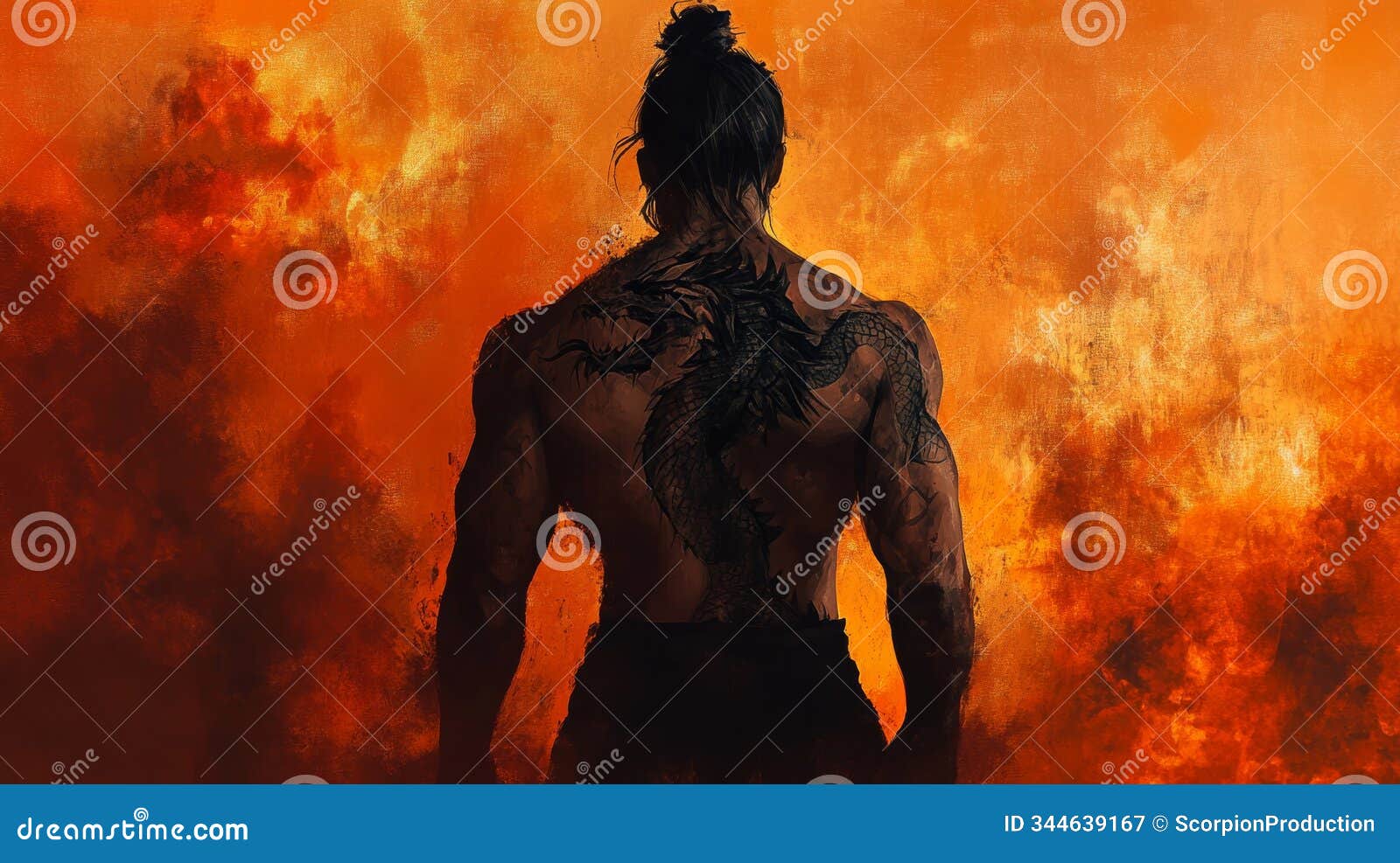 Warrior with Dragon Tattoo Standing in Front of Fiery Background Stock ...