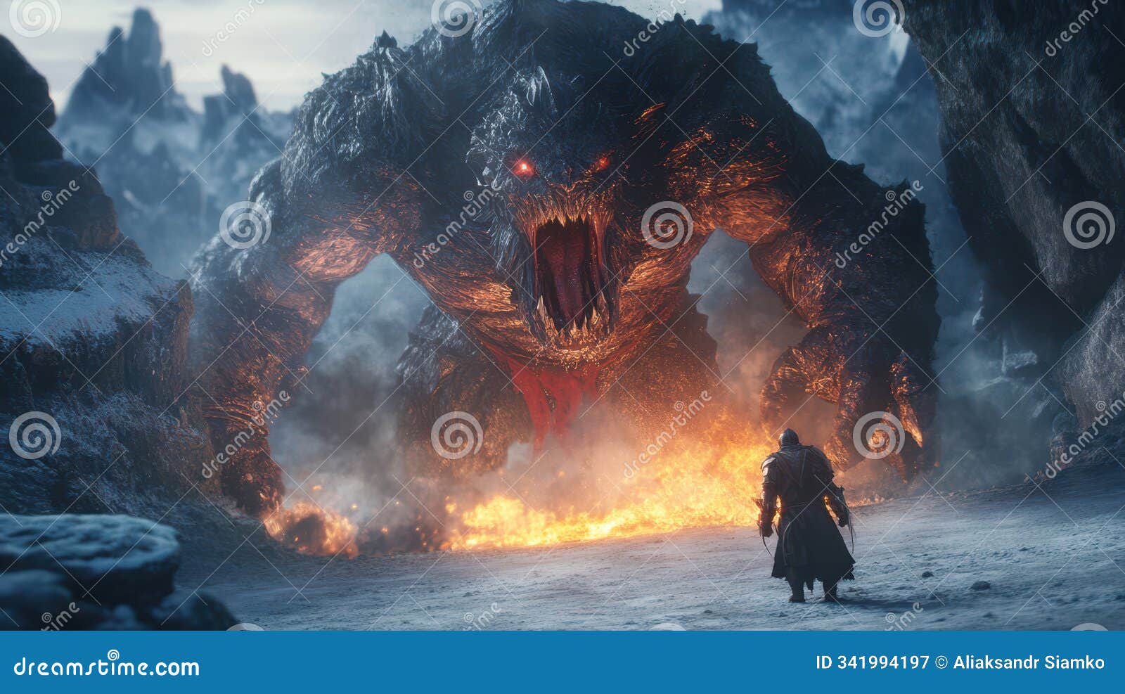 Warrior Facing Massive Creature in Epic Battle Scene Stock Illustration ...