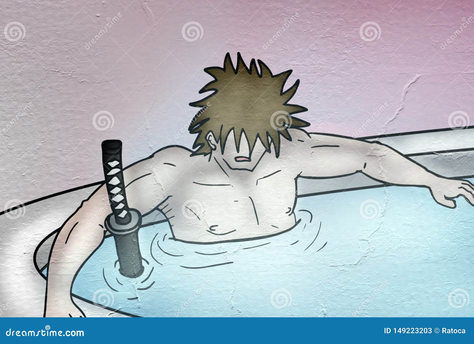 Warrior with His Katana in a Relaxing Bath Stock Illustration ...