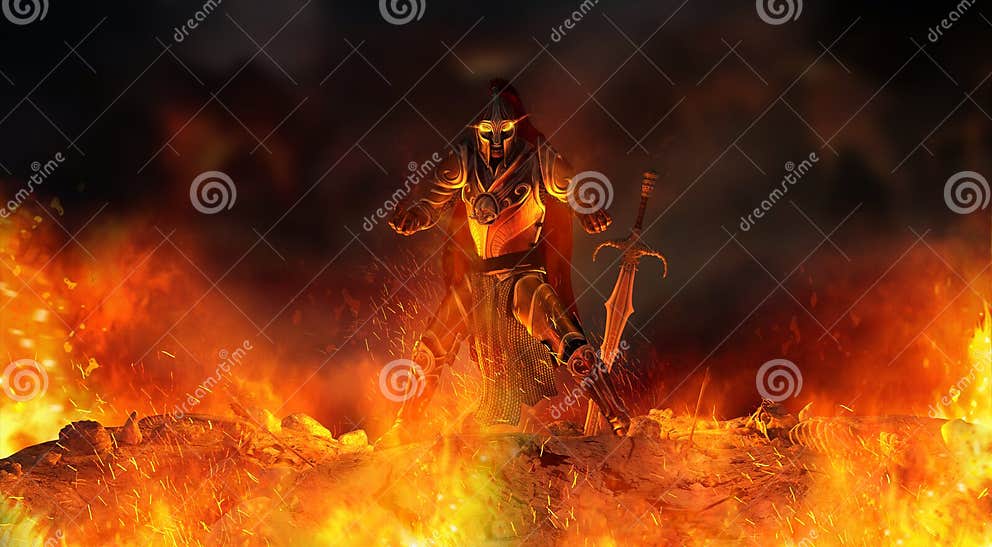 Warrior Knight Surrounded in Flames Stock Illustration - Illustration ...