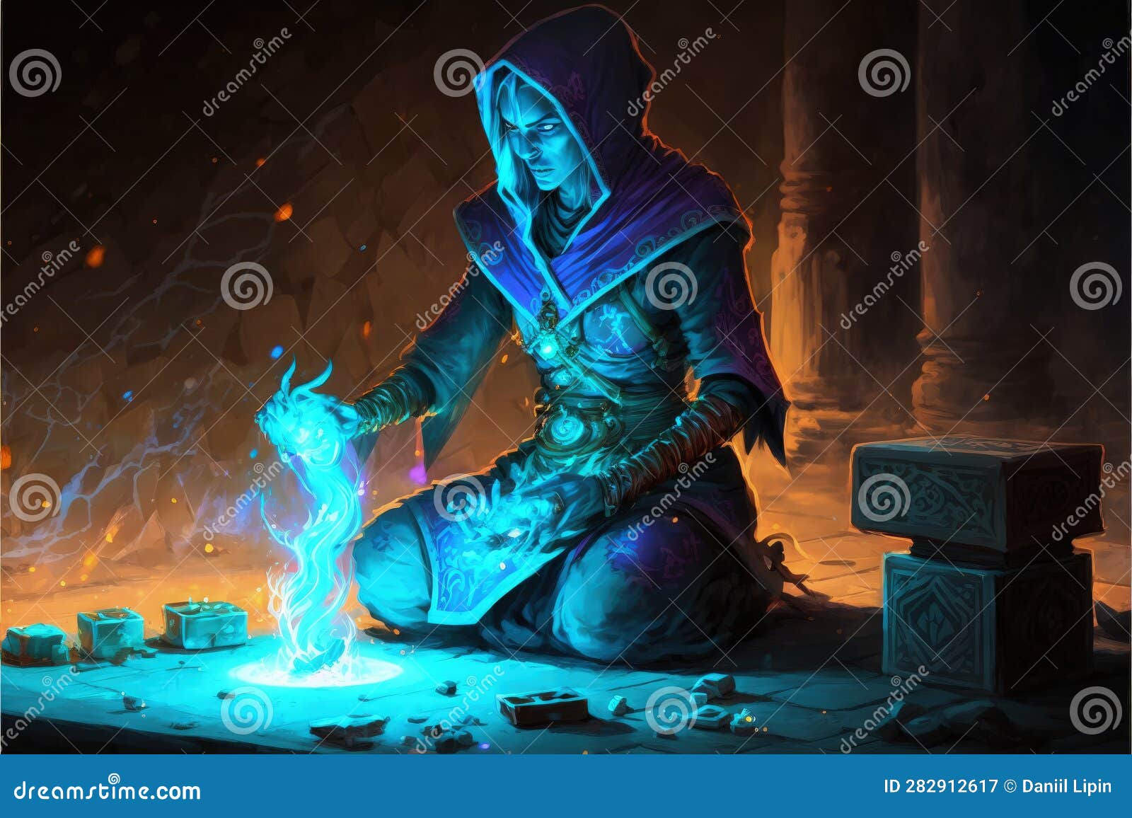 A Warrior with Magical Abilities Conjuring a Spell with a Brilliant ...