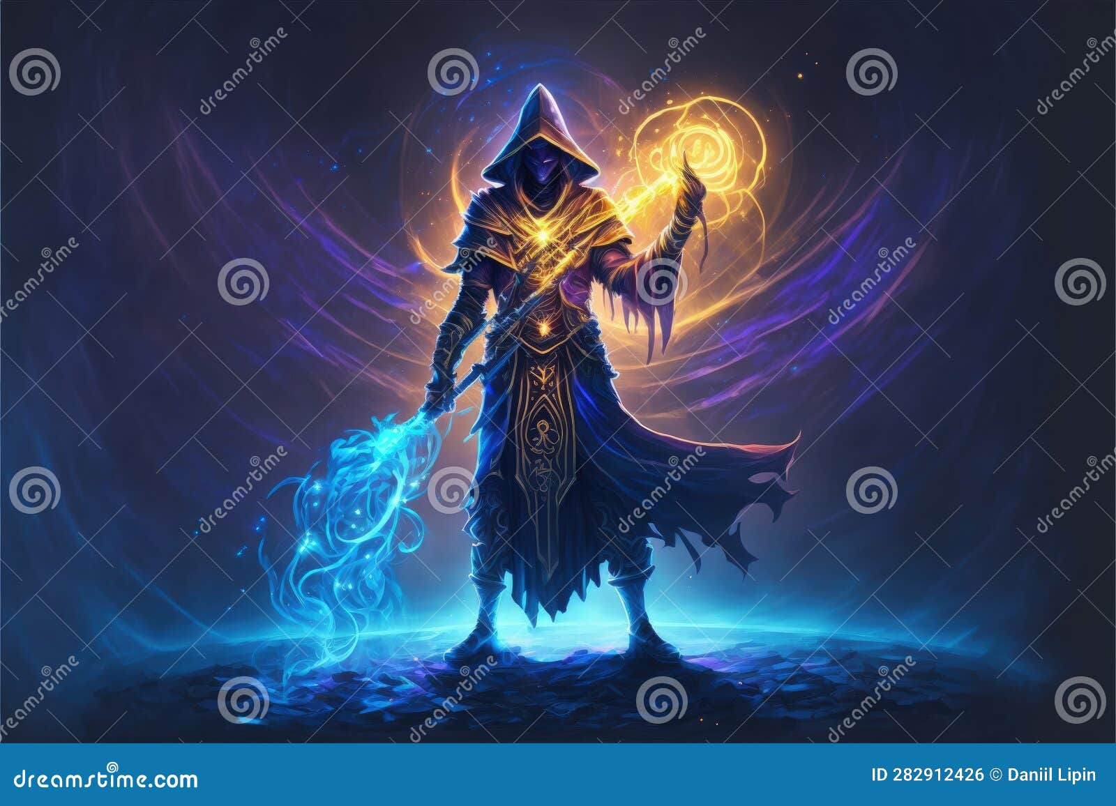 A Warrior with Magical Abilities Conjuring a Spell with a Brilliant ...