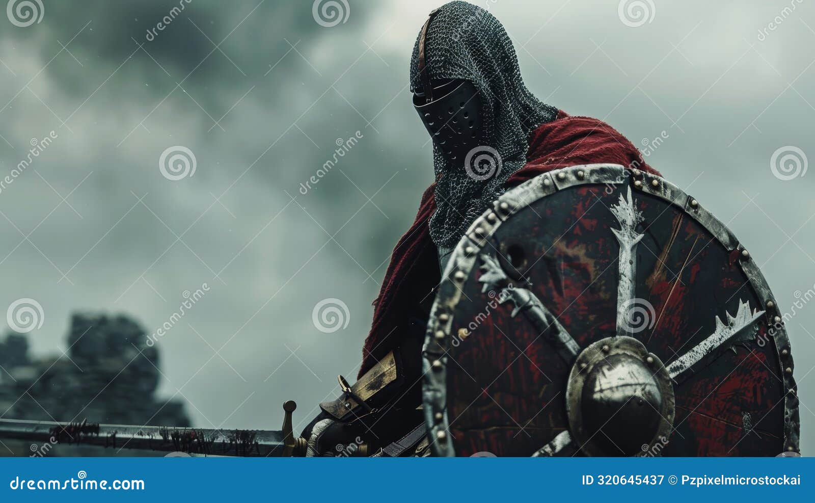 A Warrior with an Omega-shaped Shield and Sword, Standing Valiantly ...