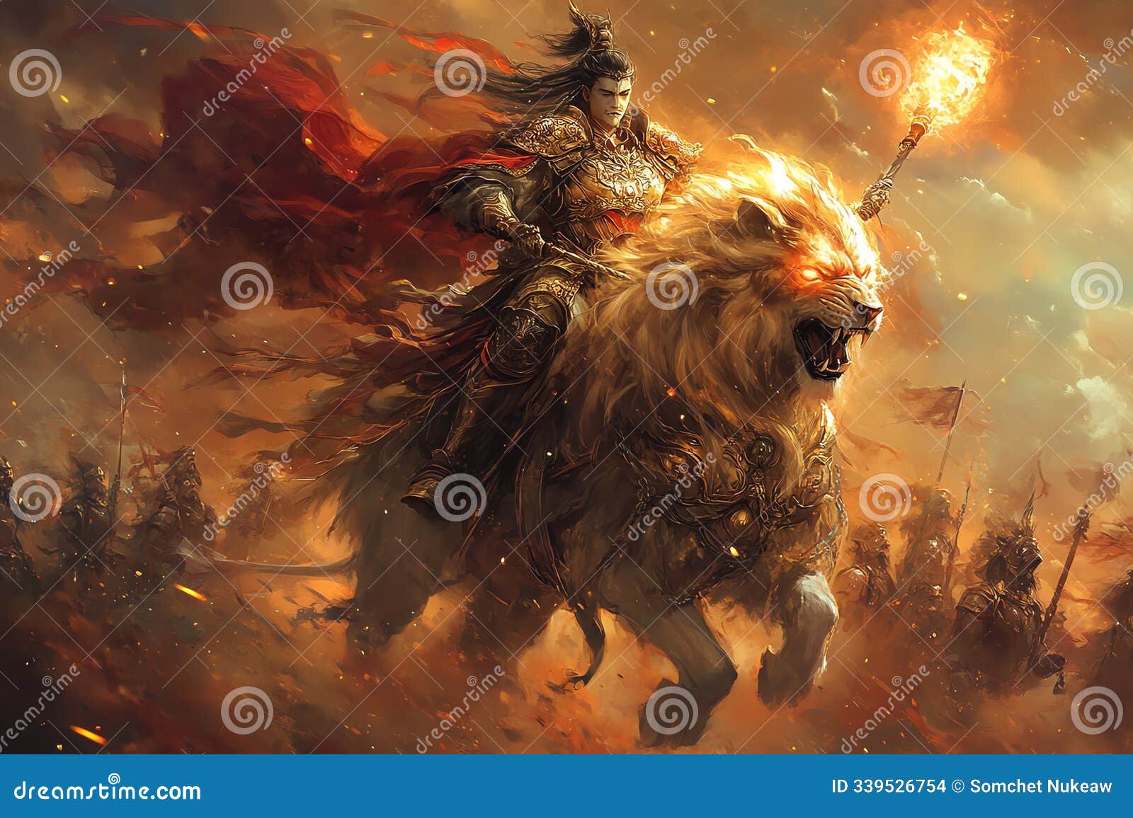 Warrior Riding a Flaming Lion, Leading an Army Stock Illustration ...