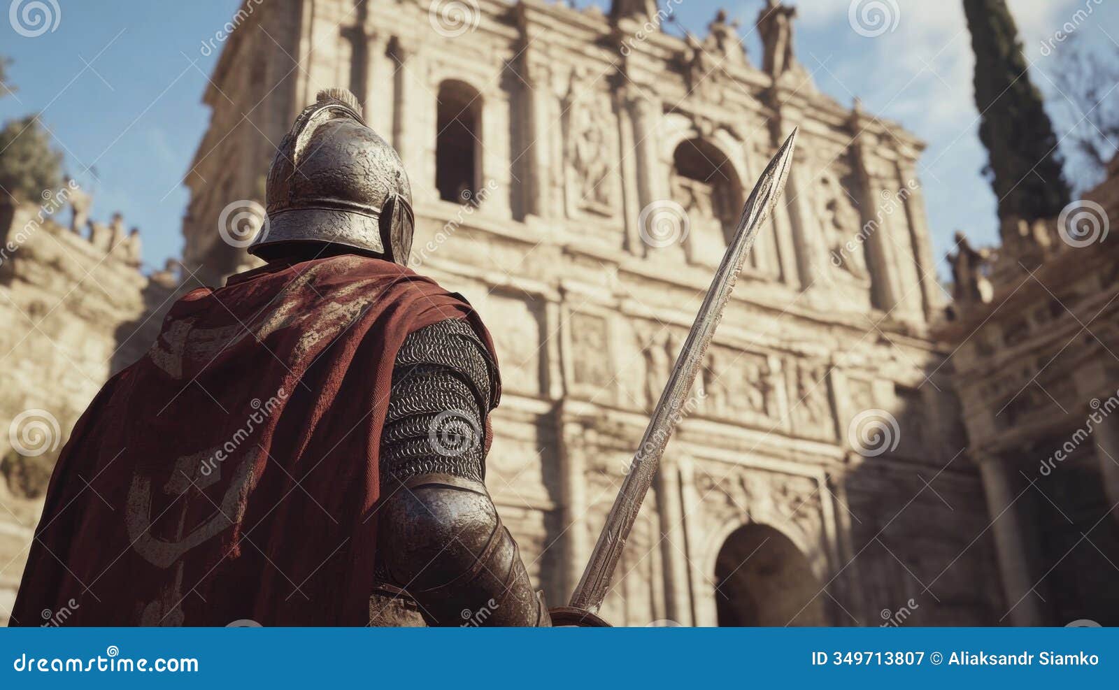 Warrior with a Spear in Front of a Classical Medieval Building Stock ...