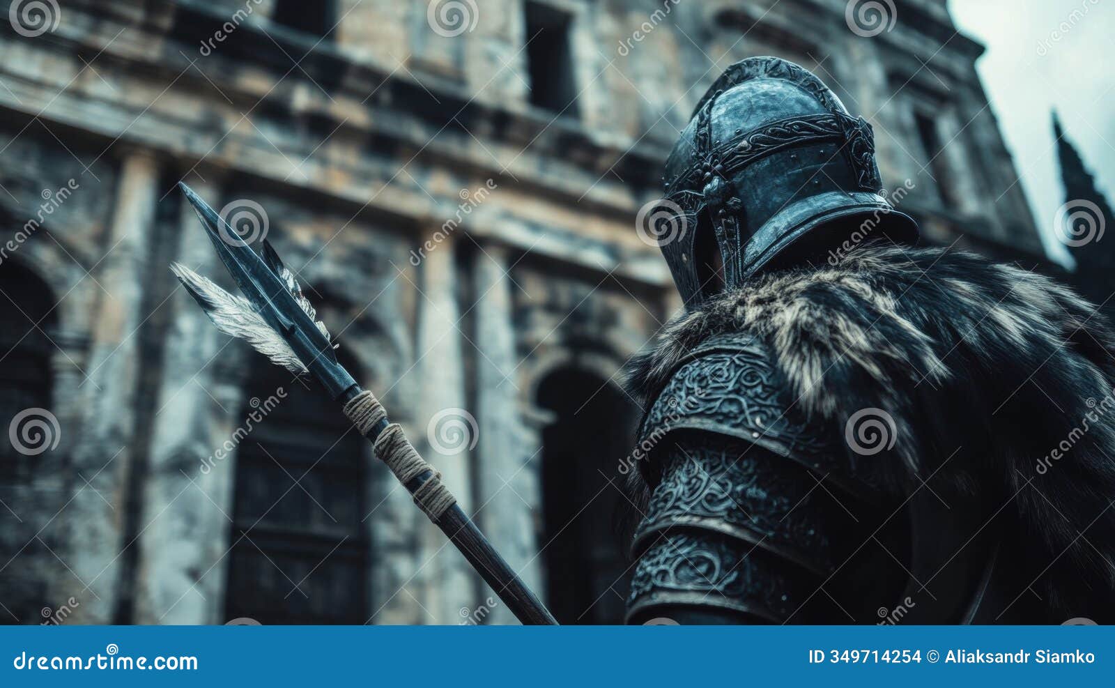 Warrior with a Spear in Front of a Classical Medieval Building Stock ...