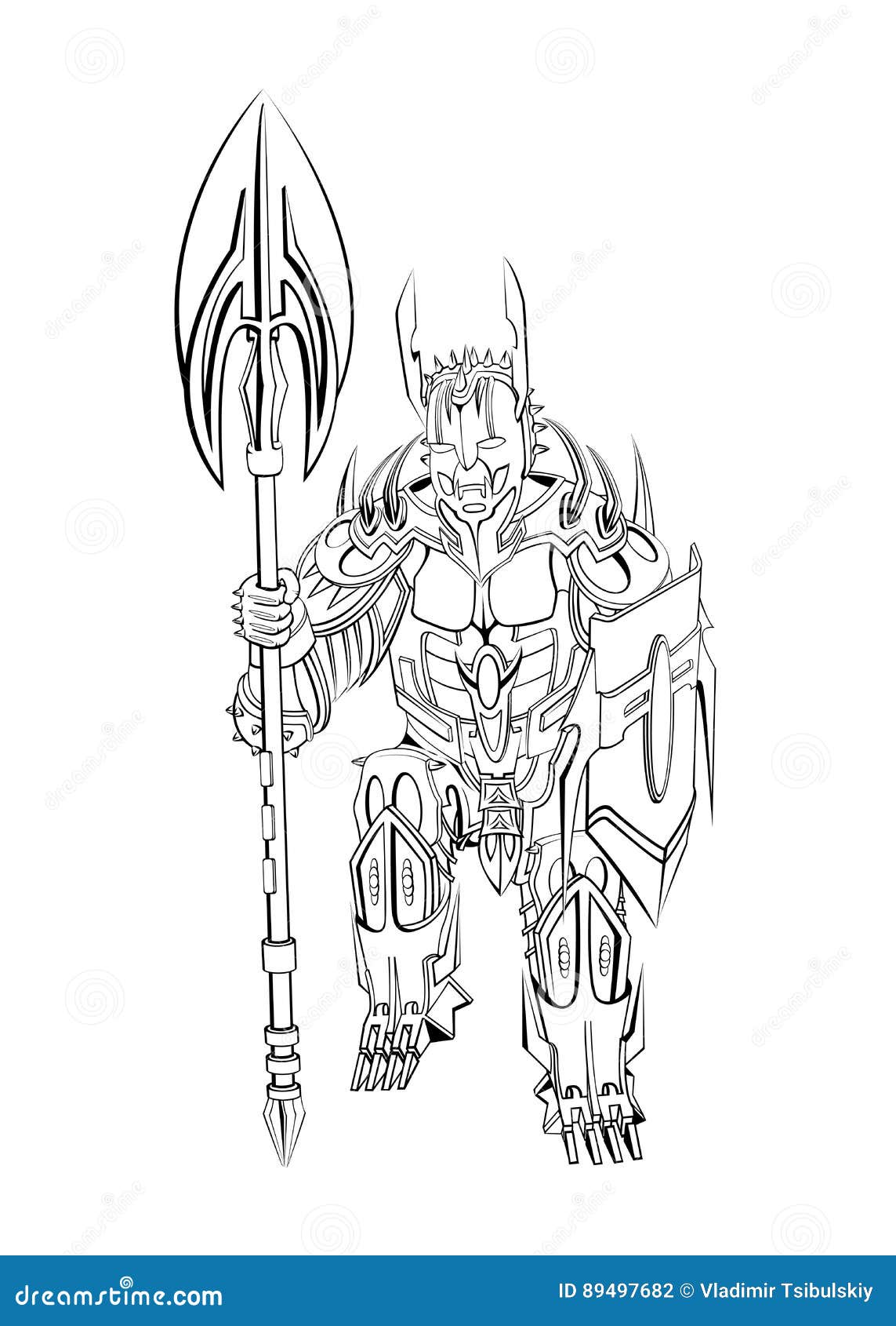 A Warrior with a Weapon and a Shield. Contour Black on White Background ...