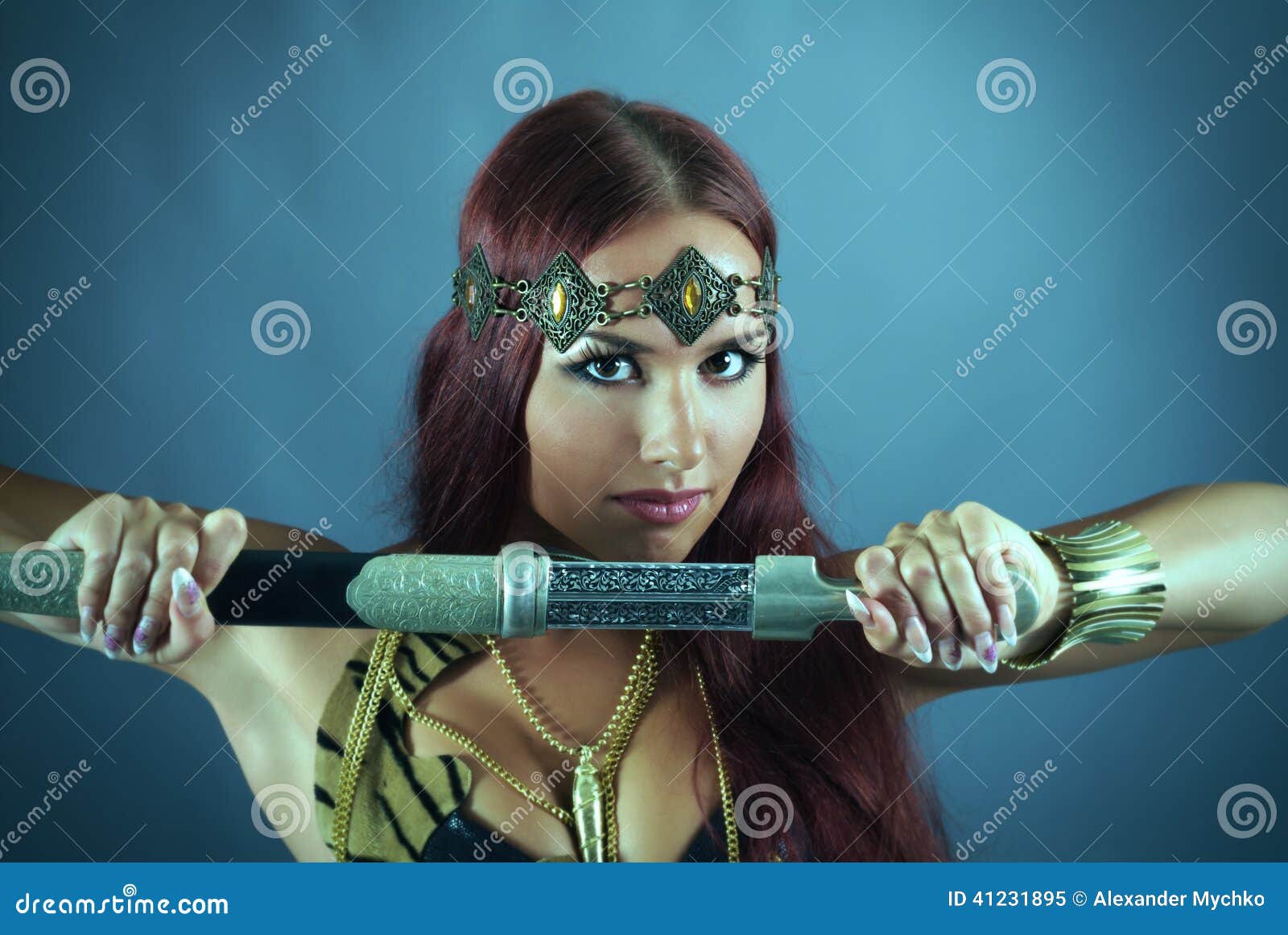 Warrior Woman Holding Sword in Her Hand Stock Image - Image of dark ...