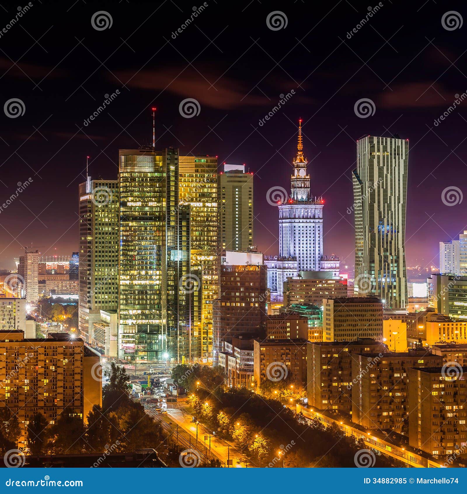 Warsaw downtown at night stock image. Image of poland - 34882985