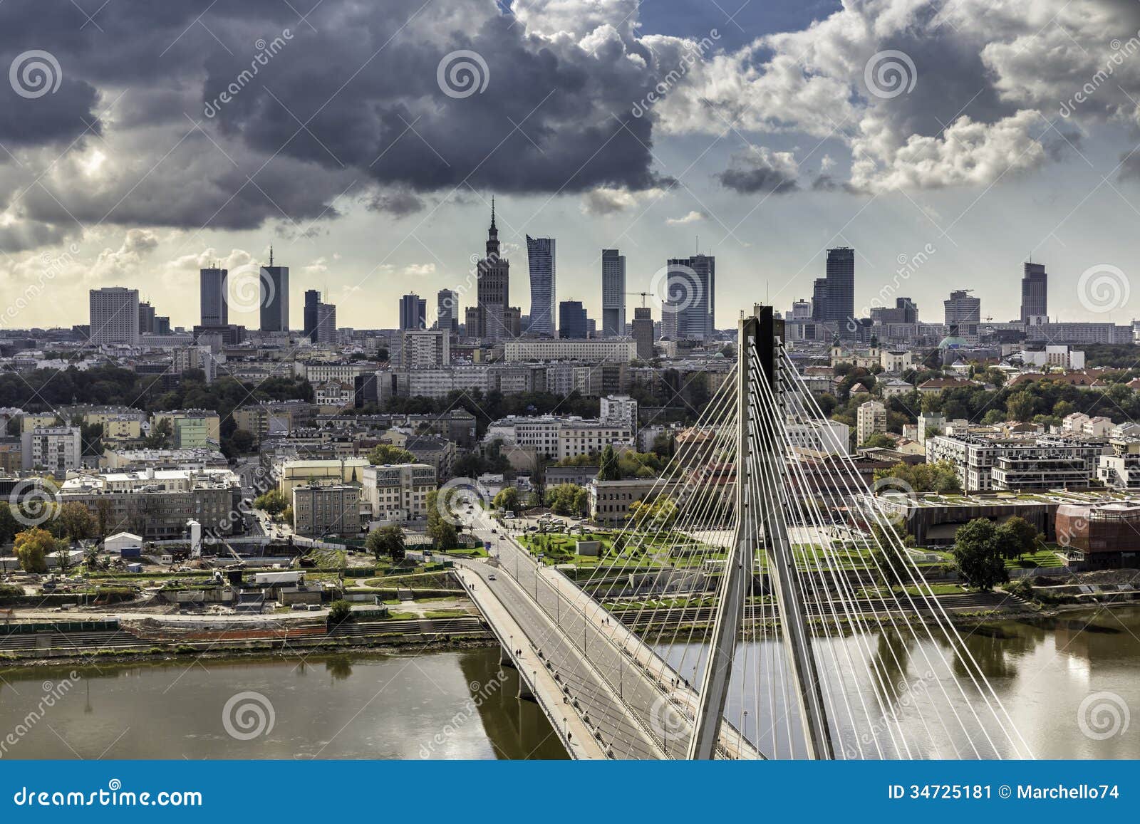 Warsaw Skyline Behind the Bridge Stock Image - Image of light ...