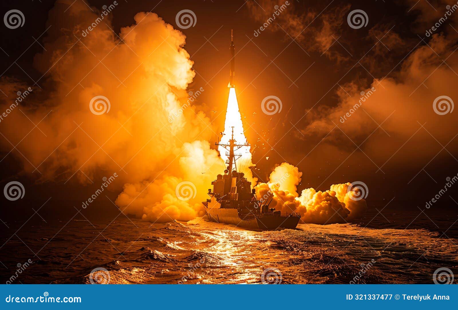 Warship Launches Missile from the Water at Night. Stock Image - Image ...