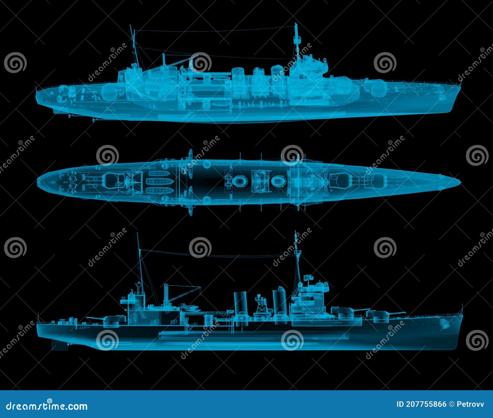 Warship in X-ray Top and Side View Stock Illustration - Illustration of ...