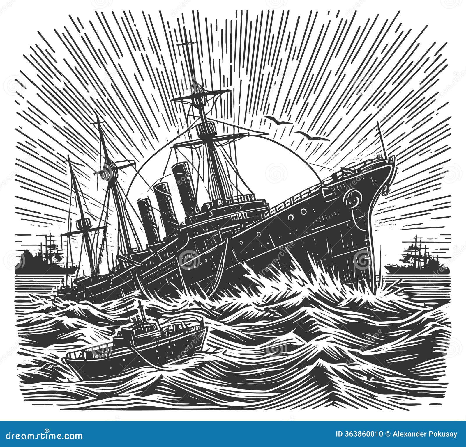 Sketch Warship. Drawing Of Military Ship. Vector Illustration ...