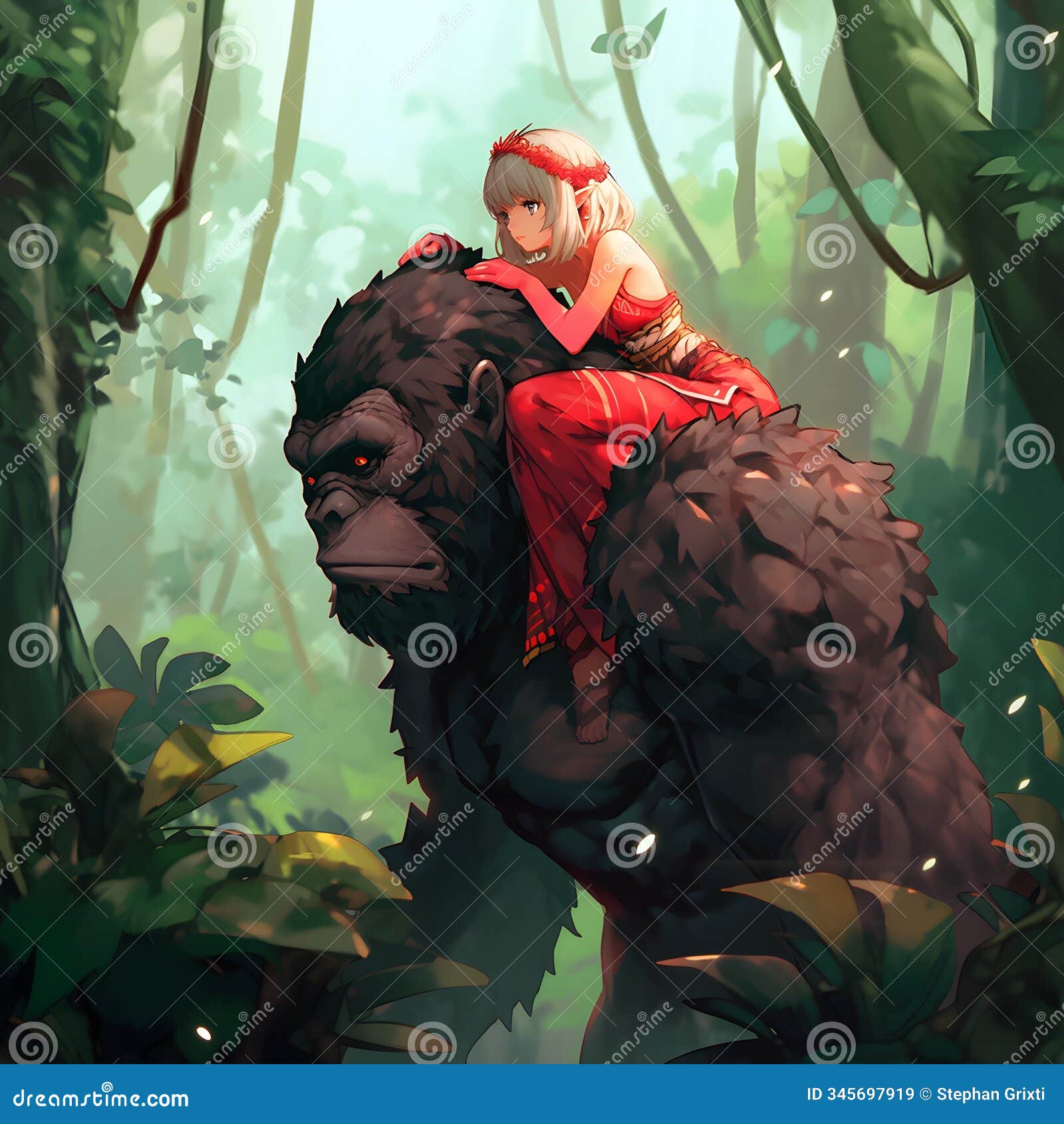 Anime Small Princess on Gorilla in Forest Art Stock Illustration ...