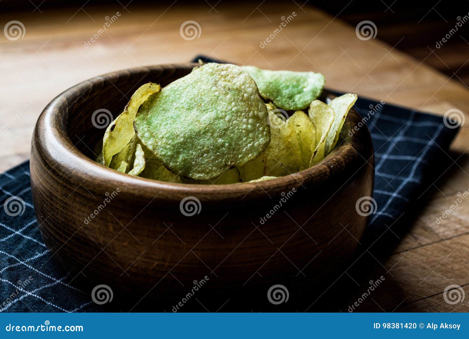Wasabi Chips in a Wooden Bowl. Stock Photo - Image of condiment, herb ...