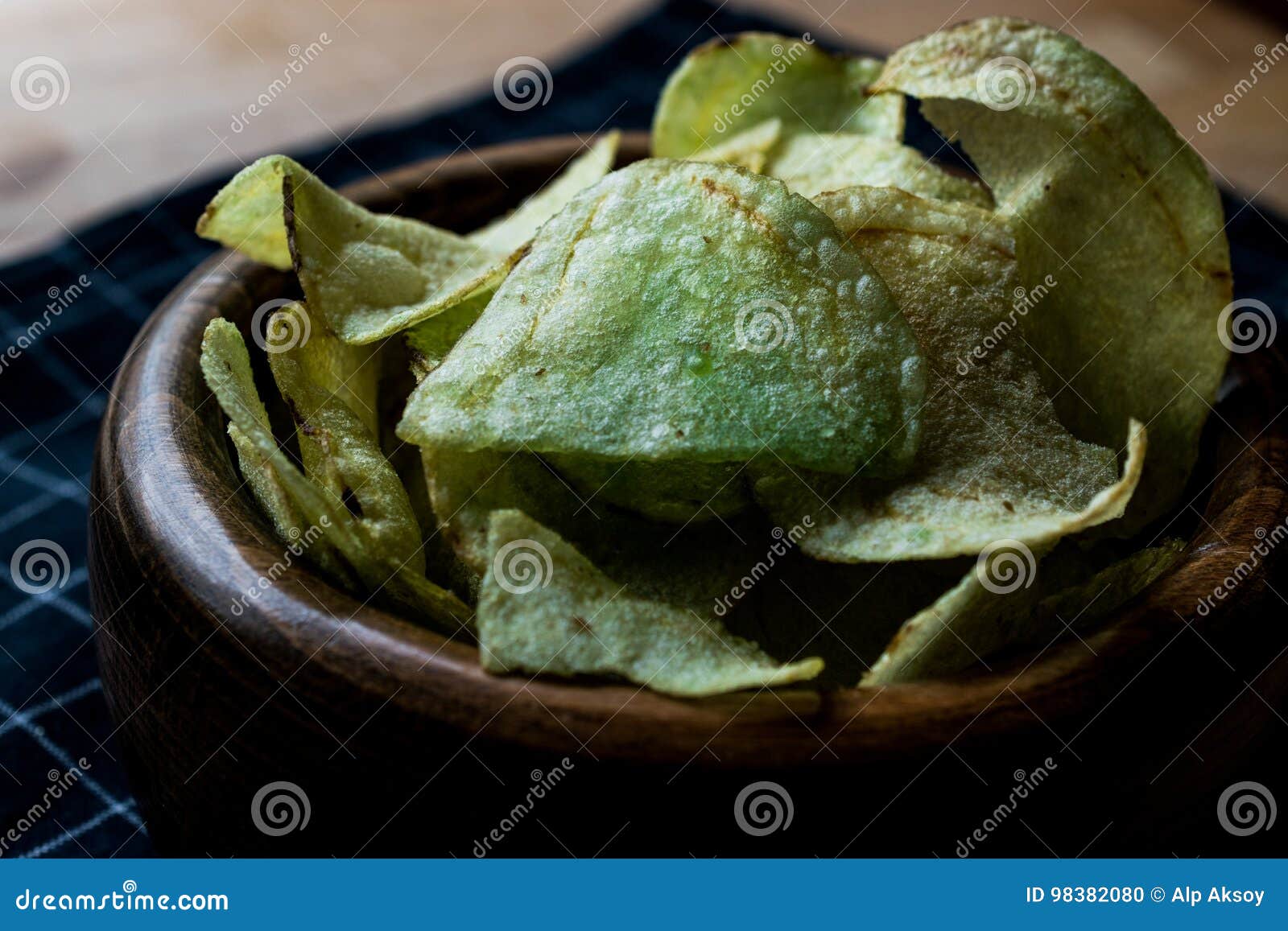 Wasabi Chips in a Wooden Bowl. Stock Photo - Image of crunchy, fried ...