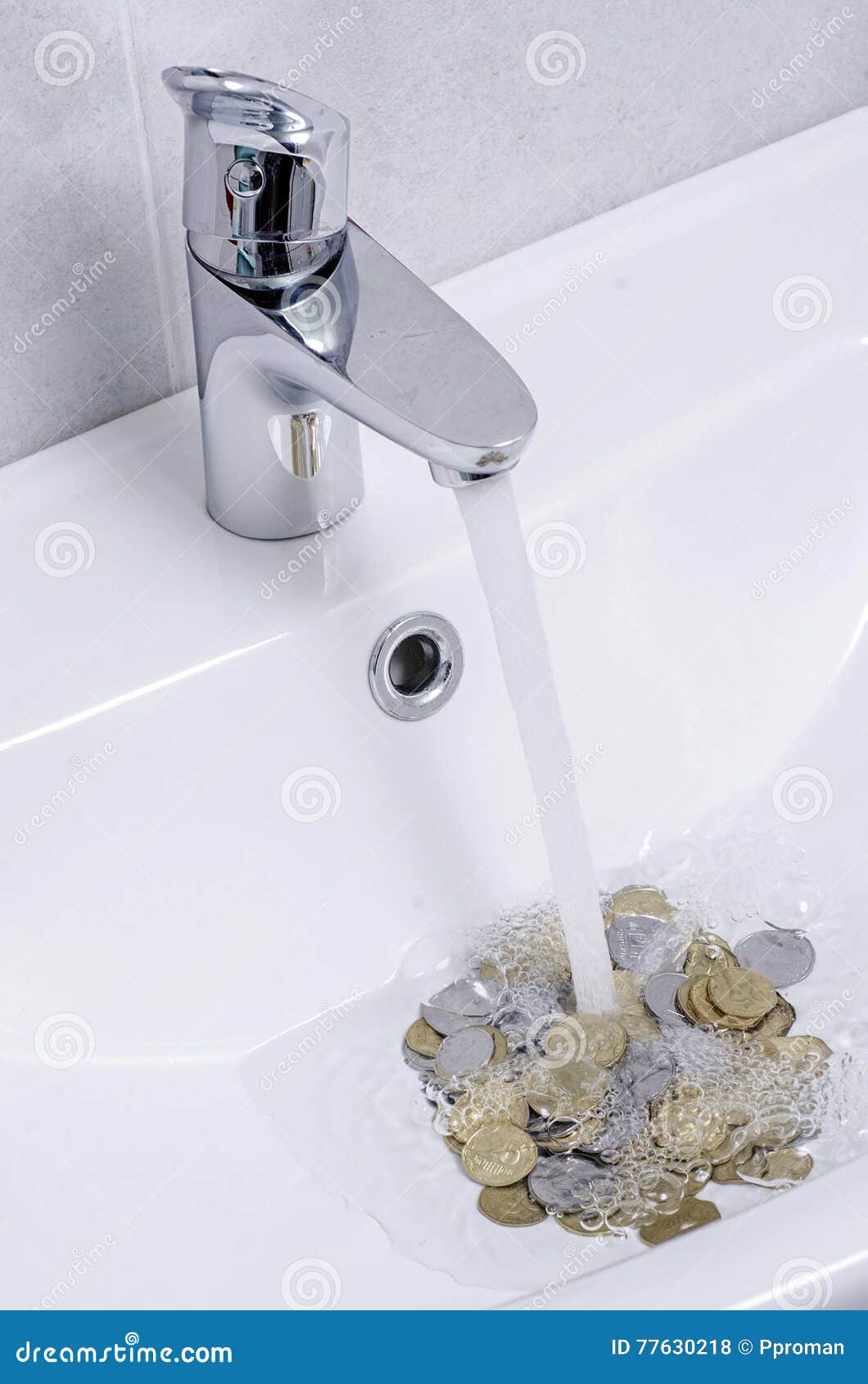 Wash Basin and Running Water from the Tap in Chrome Bathroom Stock ...