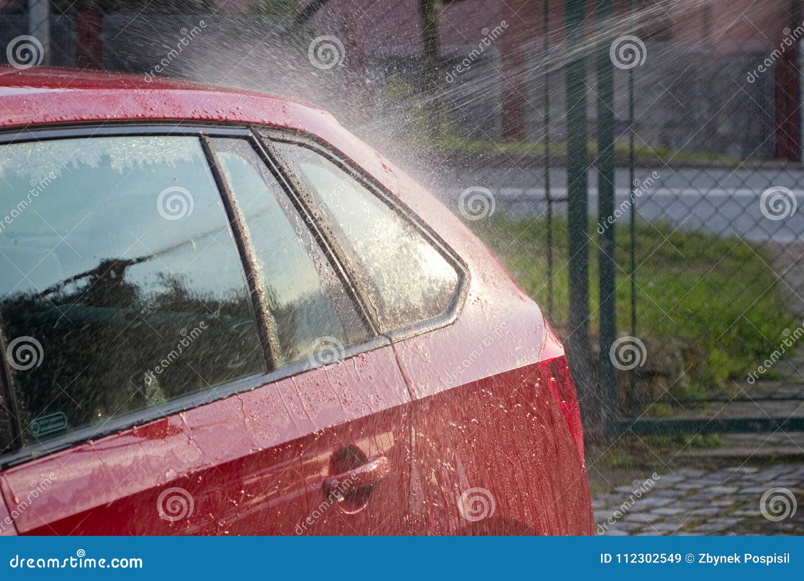 Wash the Red Car with a Stream of Water Stock Image - Image of washing ...