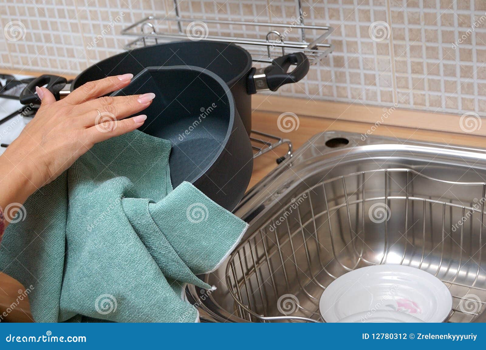 Wash Up Dishes in the Kitchen Stock Photo - Image of chrome, washing ...