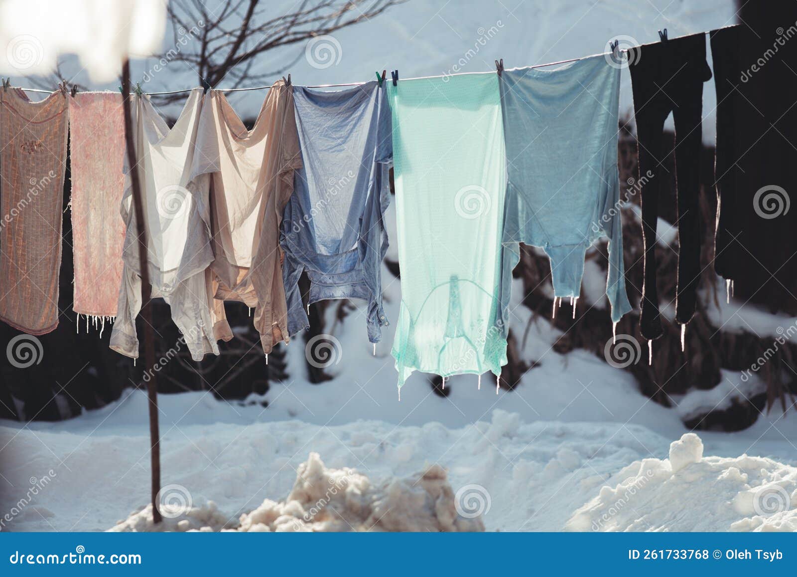 Washed Clothes Hang on a String in the Cold, Hardened Stock Photo ...