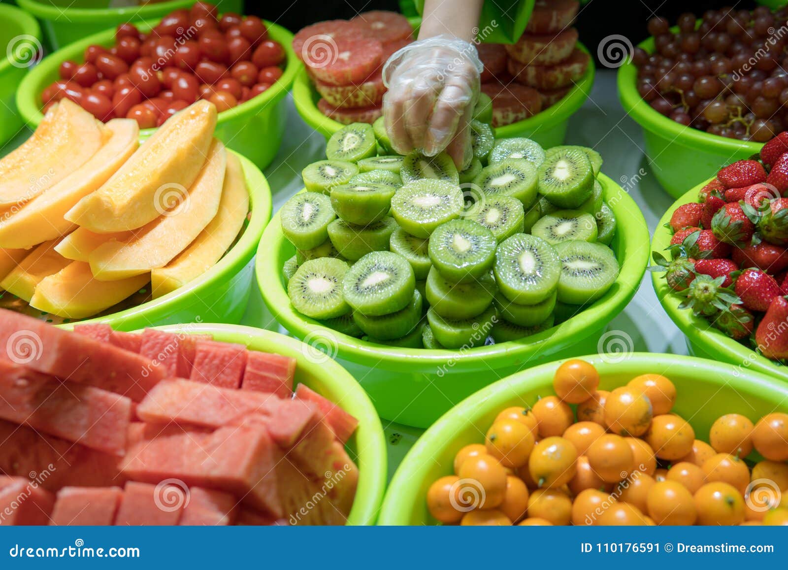 Washed and Cut Fruit Sorted in Bright Green Bowls Stock Image - Image ...