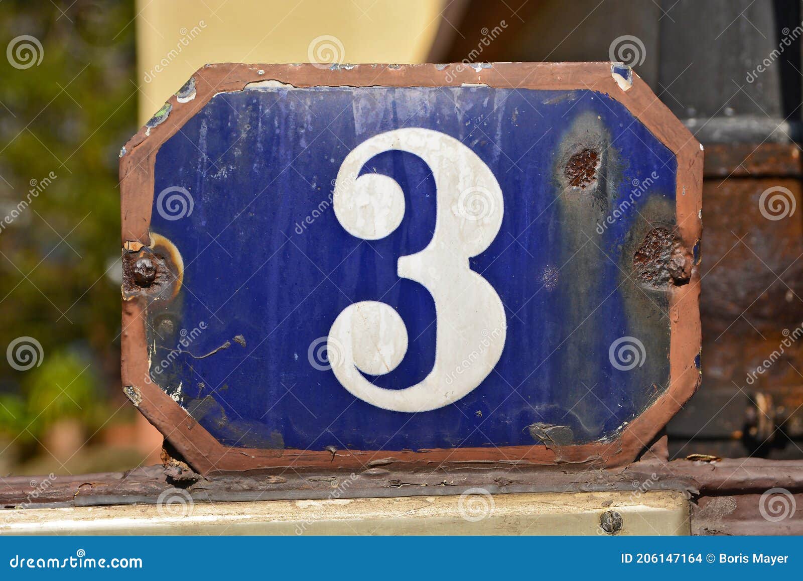 A Rusty Blue House Number Plaque, Showing the Number Three Stock Photo ...