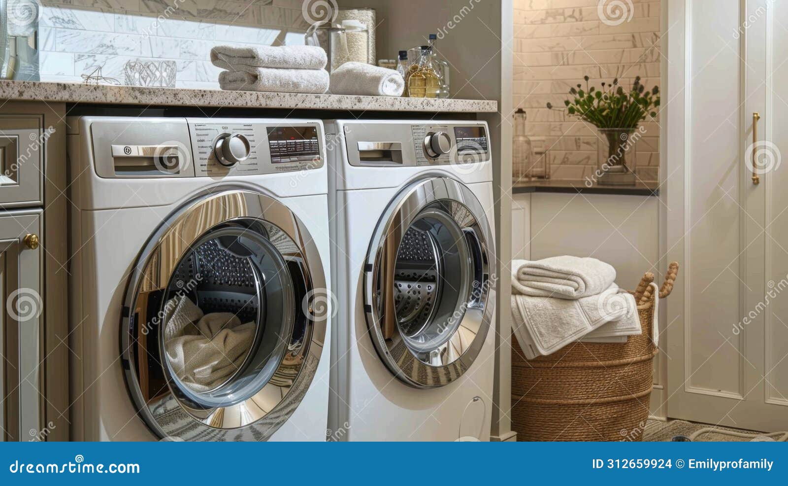 Compact Laundry Set-Up in a Small Room Stock Photo - Image of housework ...