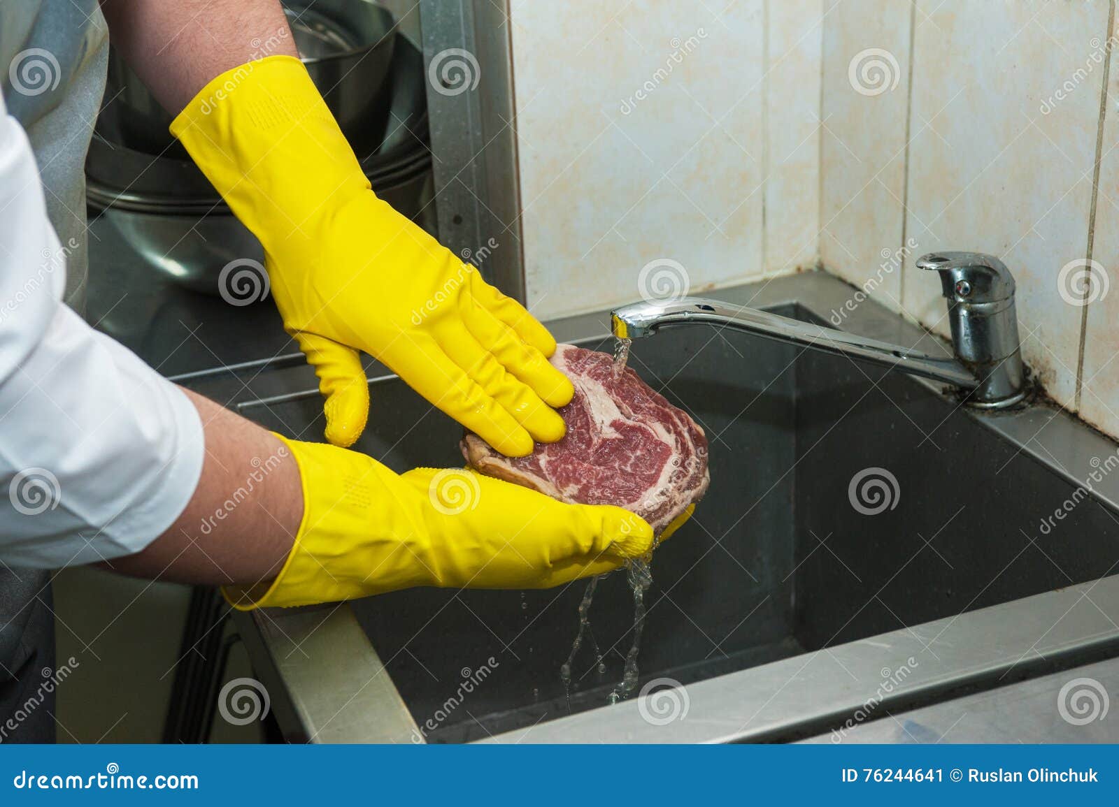 Washing and cleaning meat stock image. Image of business - 76244641