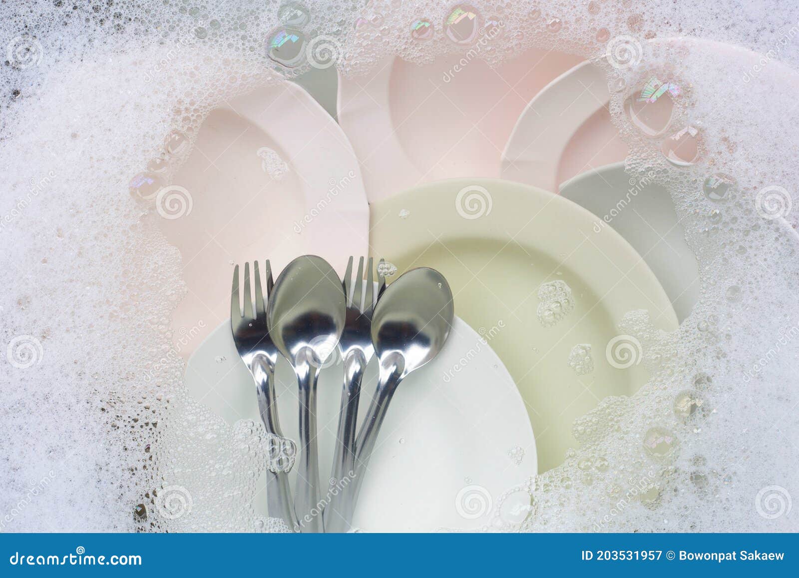Washing Dishes, Close Up of Utensils Soaking in Kitchen Sink Stock ...