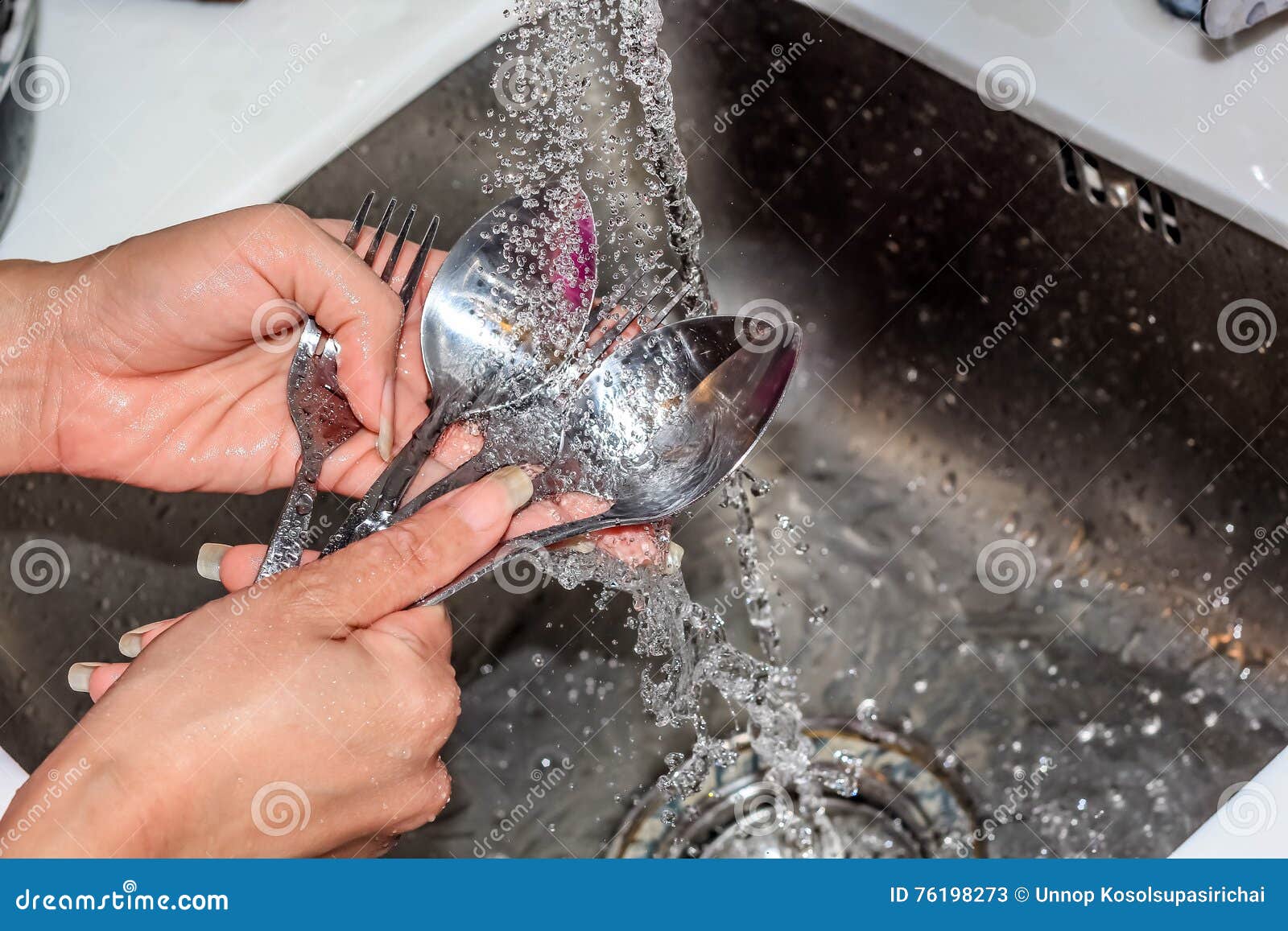 Washing Fork and Spoon with Pouring Water Stock Image - Image of drop ...