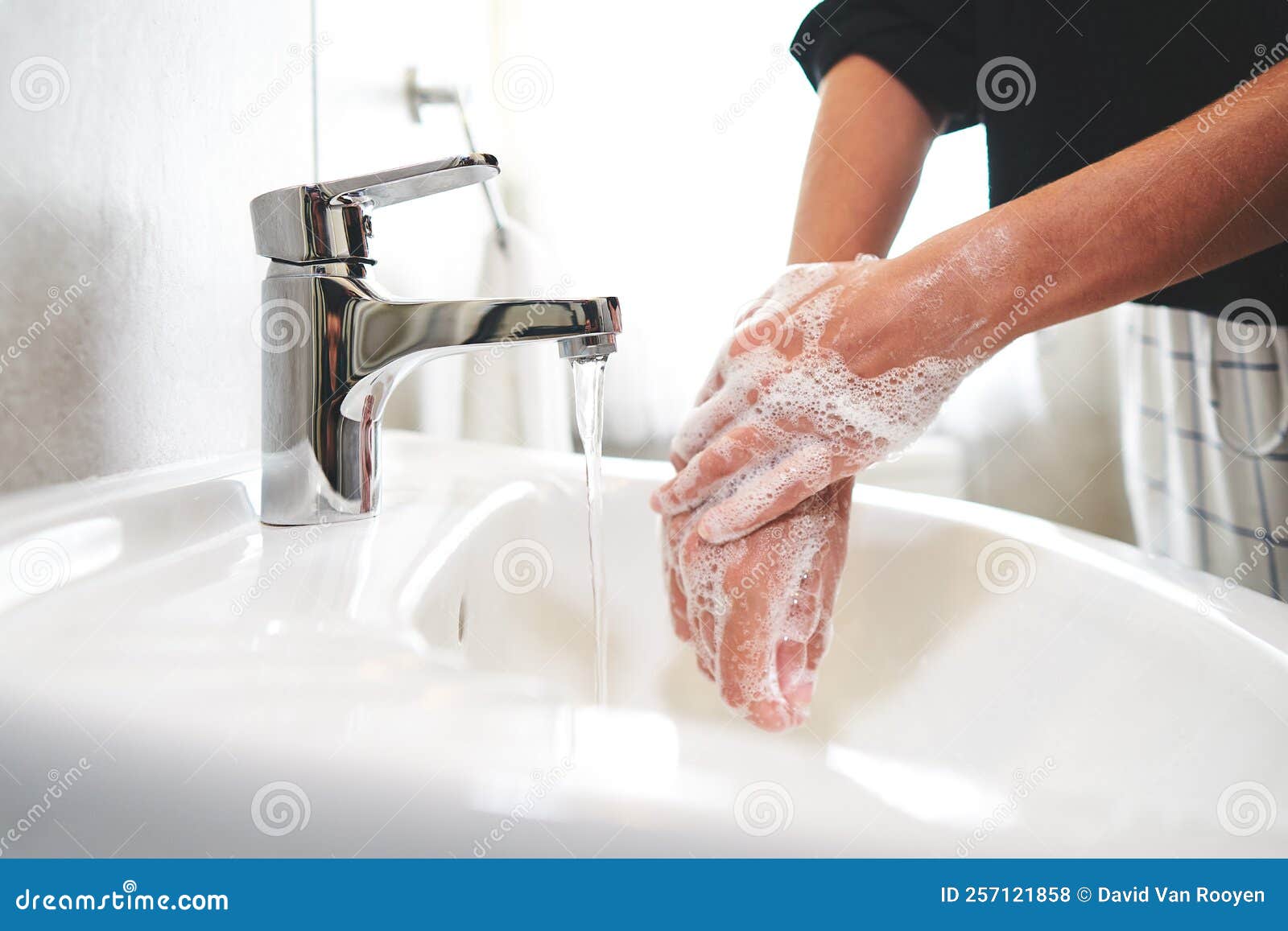 Washing hands in bathroom stock photo. Image of foam - 257121858