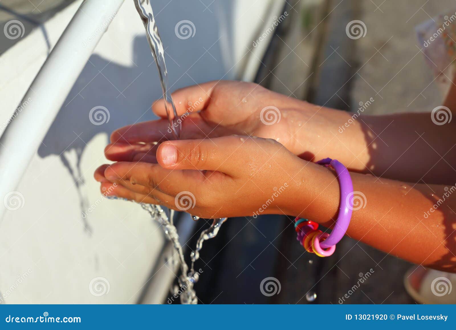 Washing of Hands of Little Girl by Water from Pipe Stock Photo - Image ...