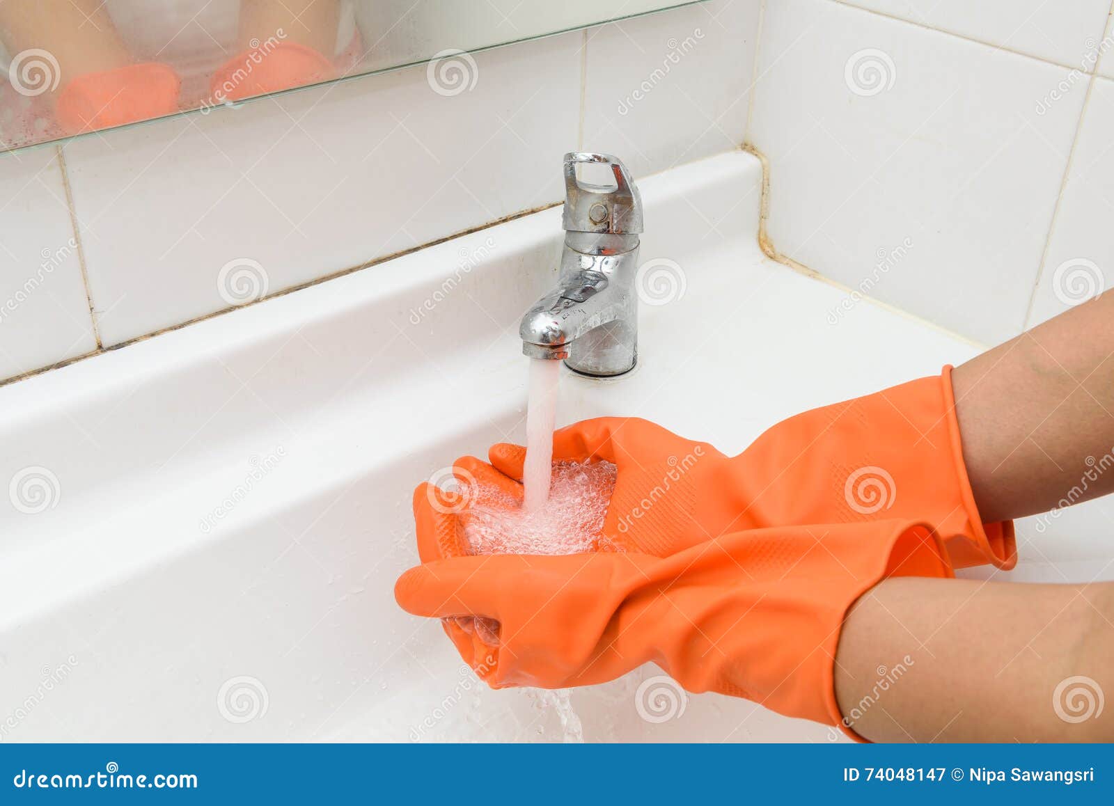 Washing Hands with Streaming Water in Bathroom Stock Image - Image of ...