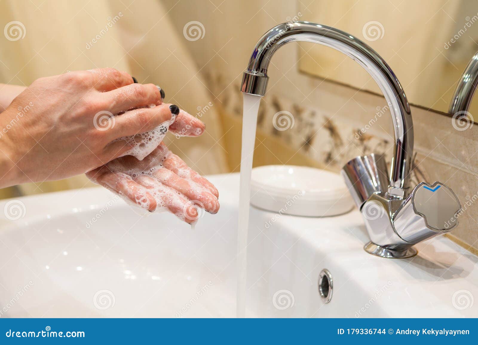 Washing Hands Thoroughly with Soap in Hot Water, Close Up View Stock ...