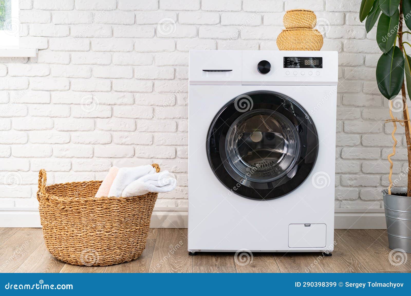 Washing Machine and Basket in a Laundry Room Stock Image - Image of ...