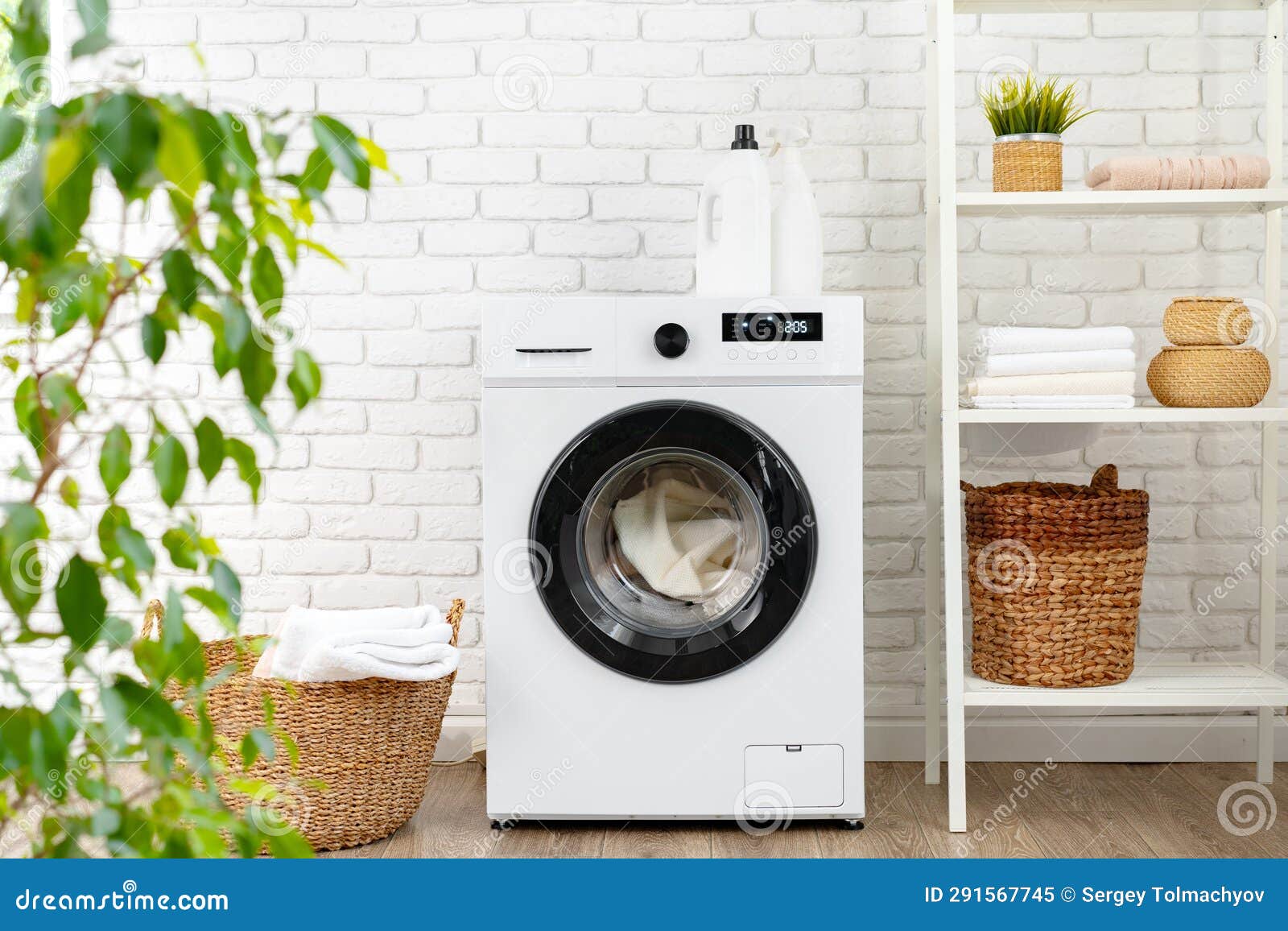 Washing Machine and Basket in a Laundry Room Stock Image - Image of ...