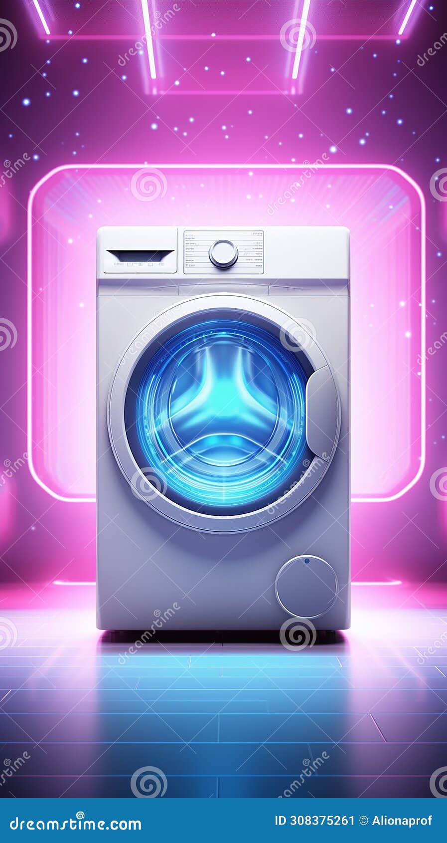 Washing Machine in Dark Room with Neon Light Stock Illustration ...