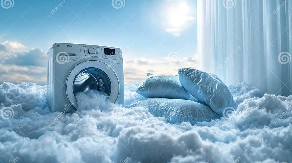 Washing Machine in Dreamy Cloudscape with Sunlight and Pillows Stock ...