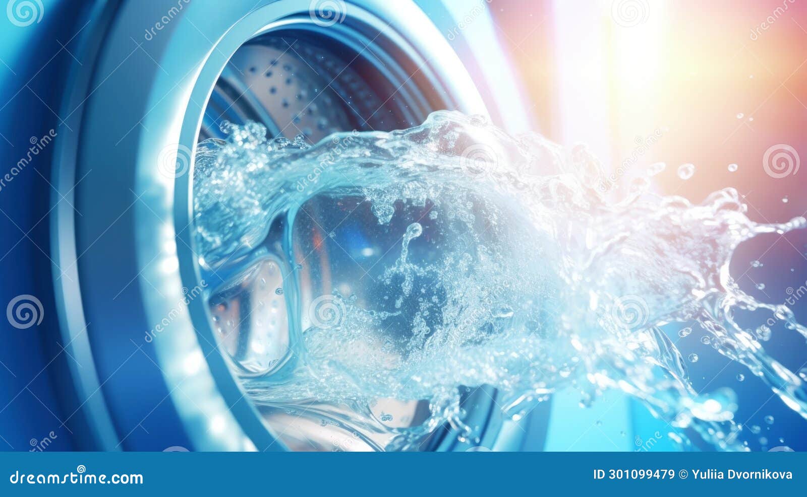 Washing Machine Drum with Water, Closeup. Water Splash with Neon Light ...