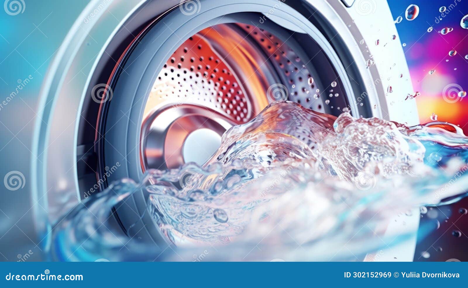 Washing Machine Drum with Water, Closeup. Water Splash with Neon Light ...