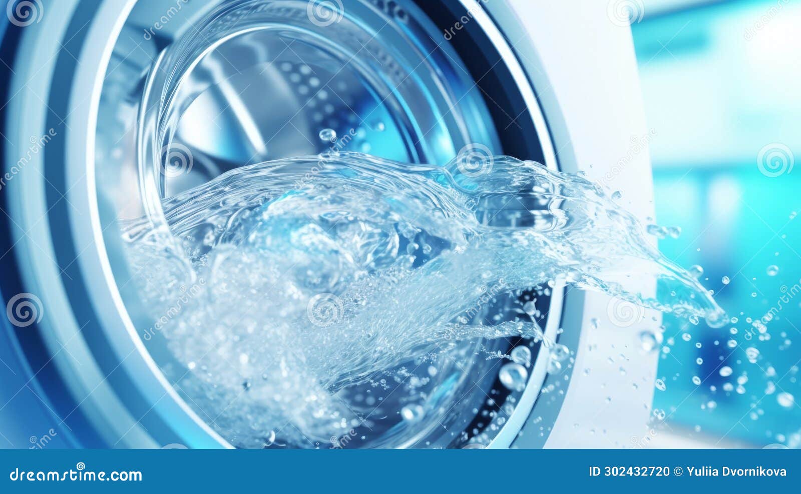 Washing Machine Drum with Water, Closeup. Water Splash with Neon Light ...