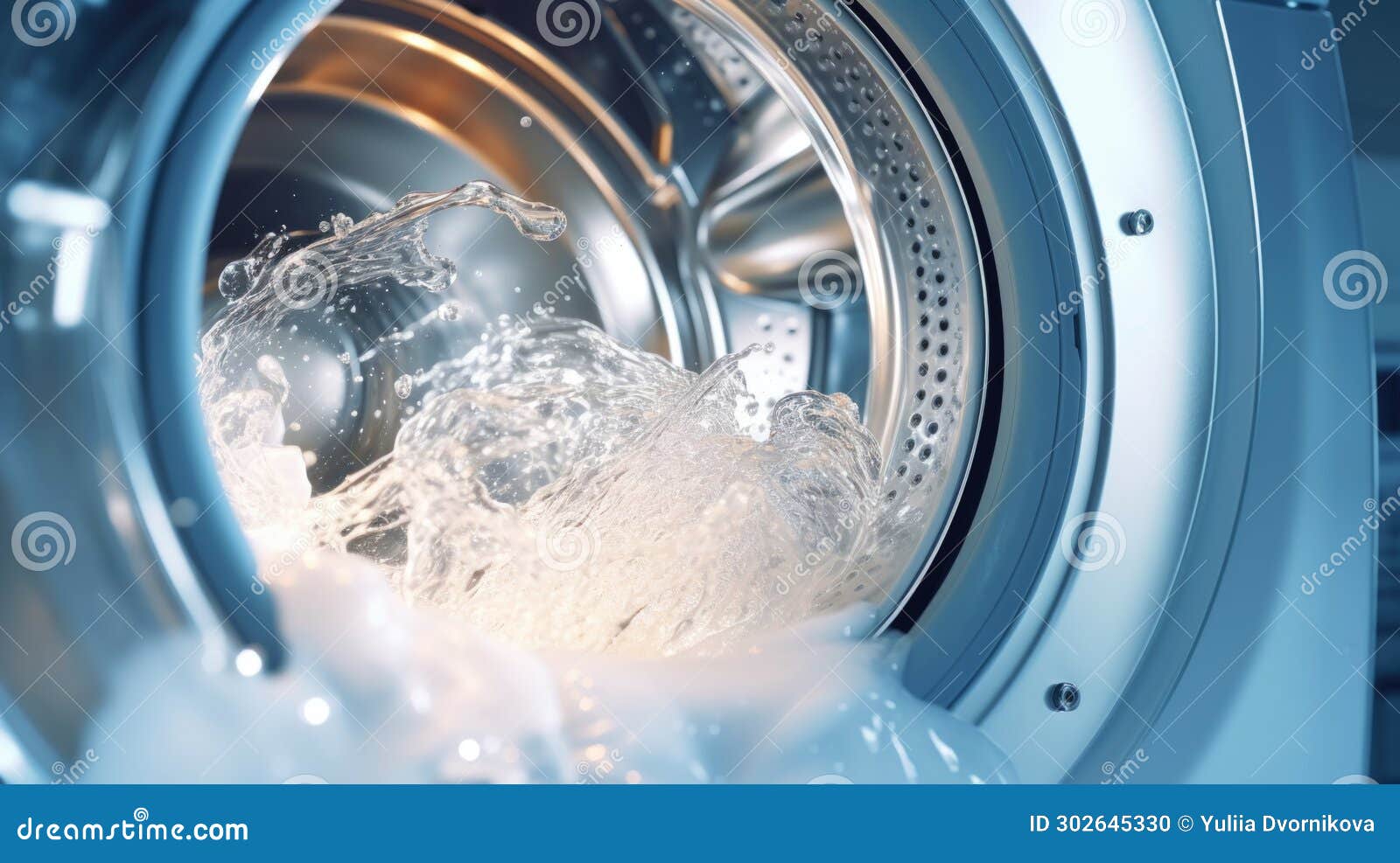 Washing Machine Drum with Water, Closeup. Water Splash with Neon Light ...