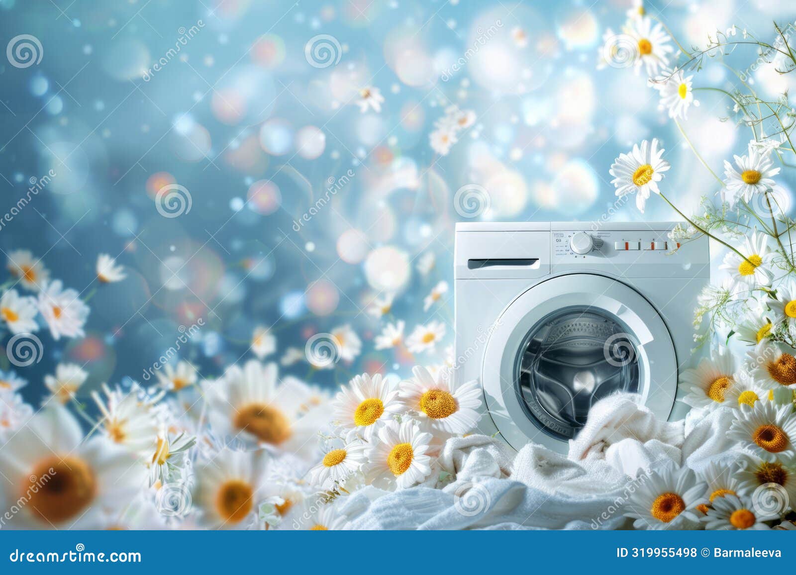 Washing Machine with Flowers Flying Around. Cleanliness and Freshness ...