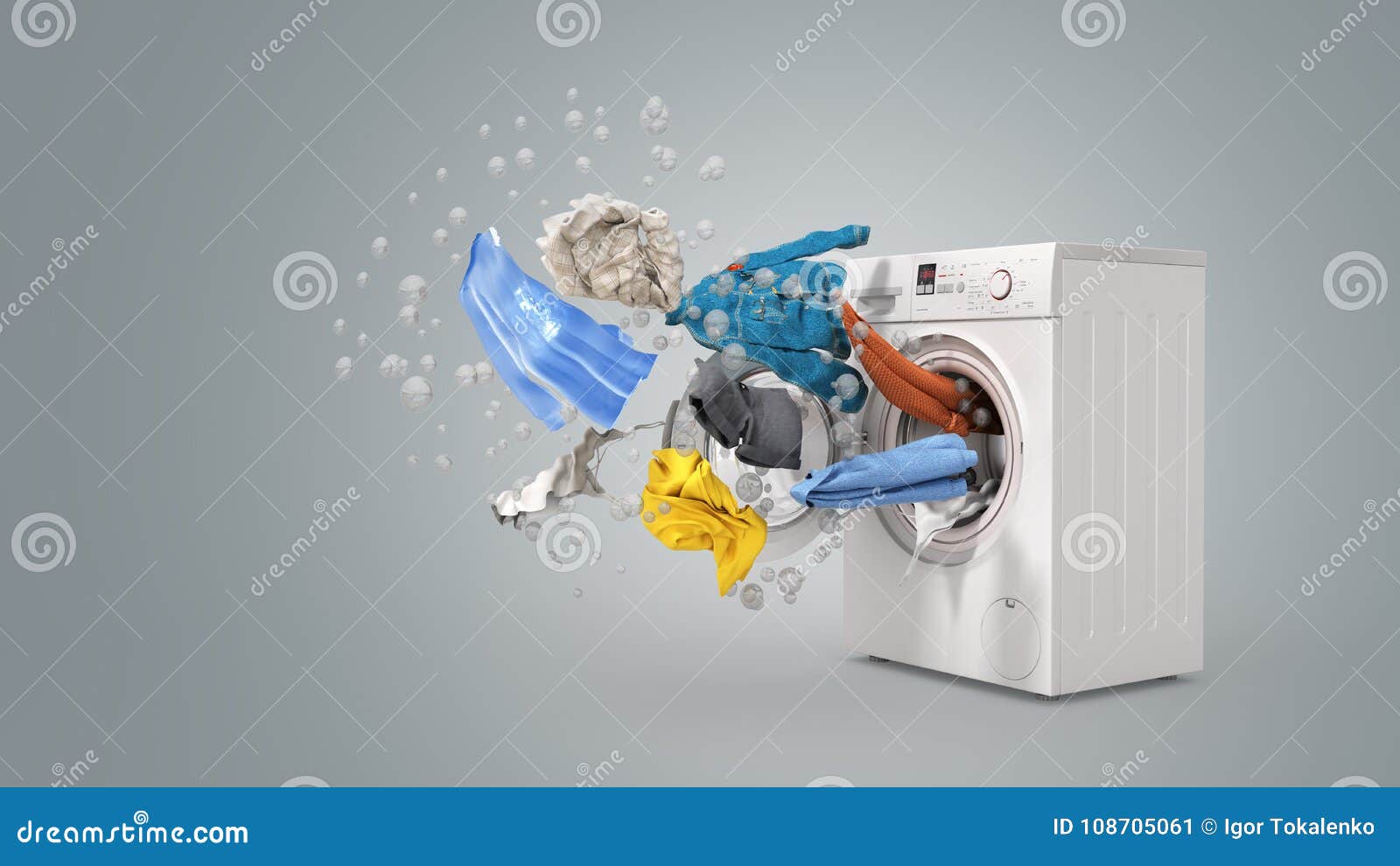 Washing Machine and Flying Clothes on Grey Background Stock ...