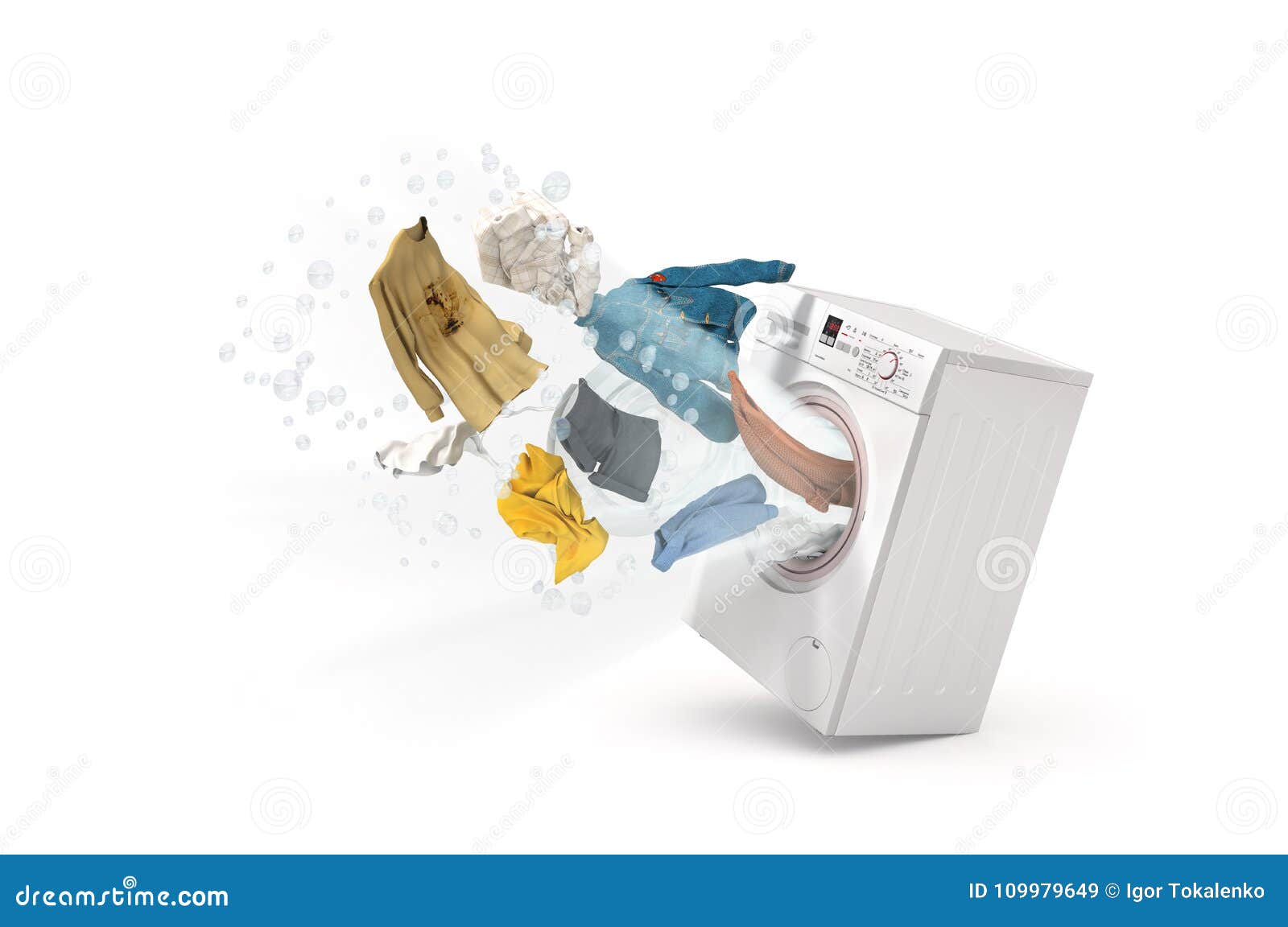 Washing Machine and Flying Clothes on White Background Stock ...