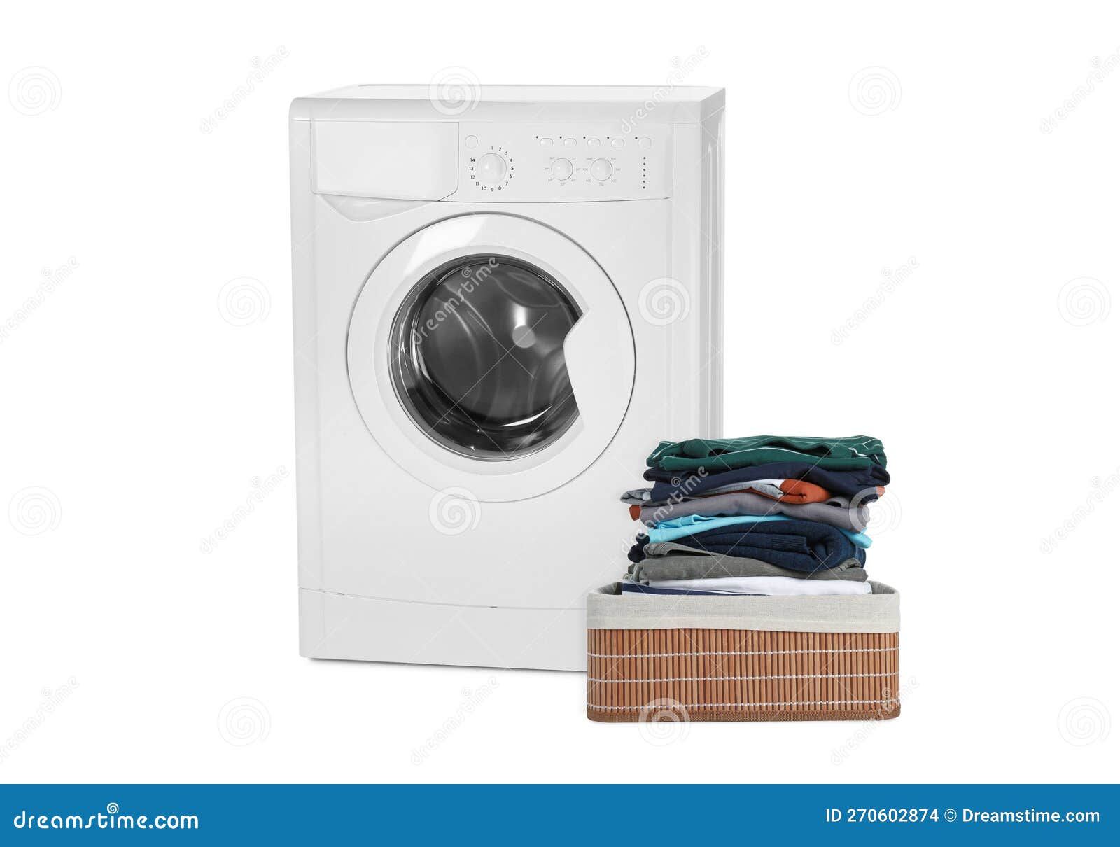 Washing Machine and Laundry Basket Full of Clean Clothes on White ...